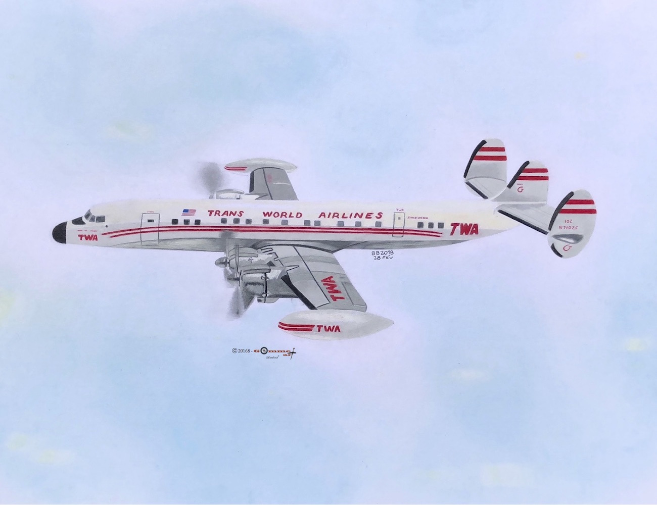 Super Constellation TWA - Tableau réalisé aux crayons de couleur par BB.